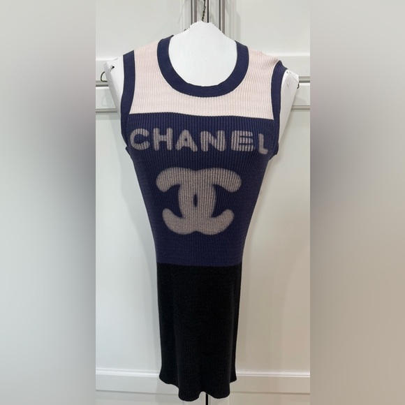 CHANEL | Tops | Chanel Navy Black Cream Logo Knit Top | Poshmark